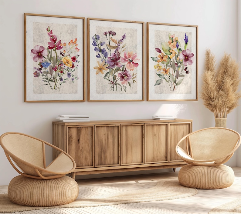 Set of 3 Flower Prints, Floral Watercolor Wall Art Set of 3, Boho ...