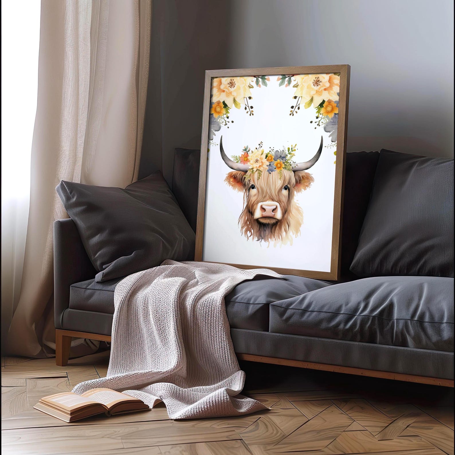 Highland Cow Printable, Floral Crown Highland Print, Scotland Cow ...