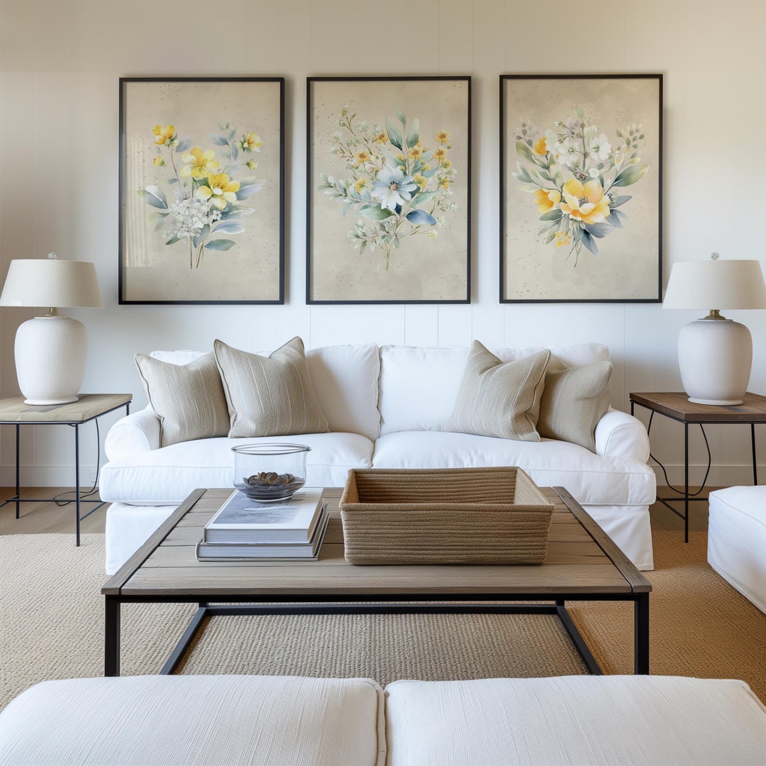 Yellow Floral Wall Art, Yellow Botanical Prints, Yellow Blue Watercolor ...