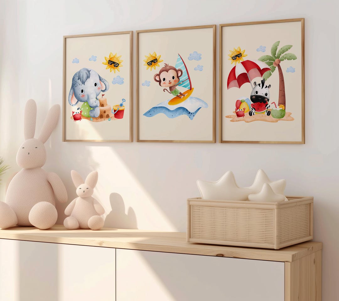 Cute Elephant, Monkey, and Zebra Prints Tropical Nursery Decor Summer ...