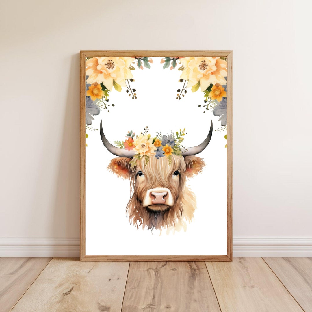 Highland Cow Printable, Floral Crown Highland Print, Scotland Cow ...