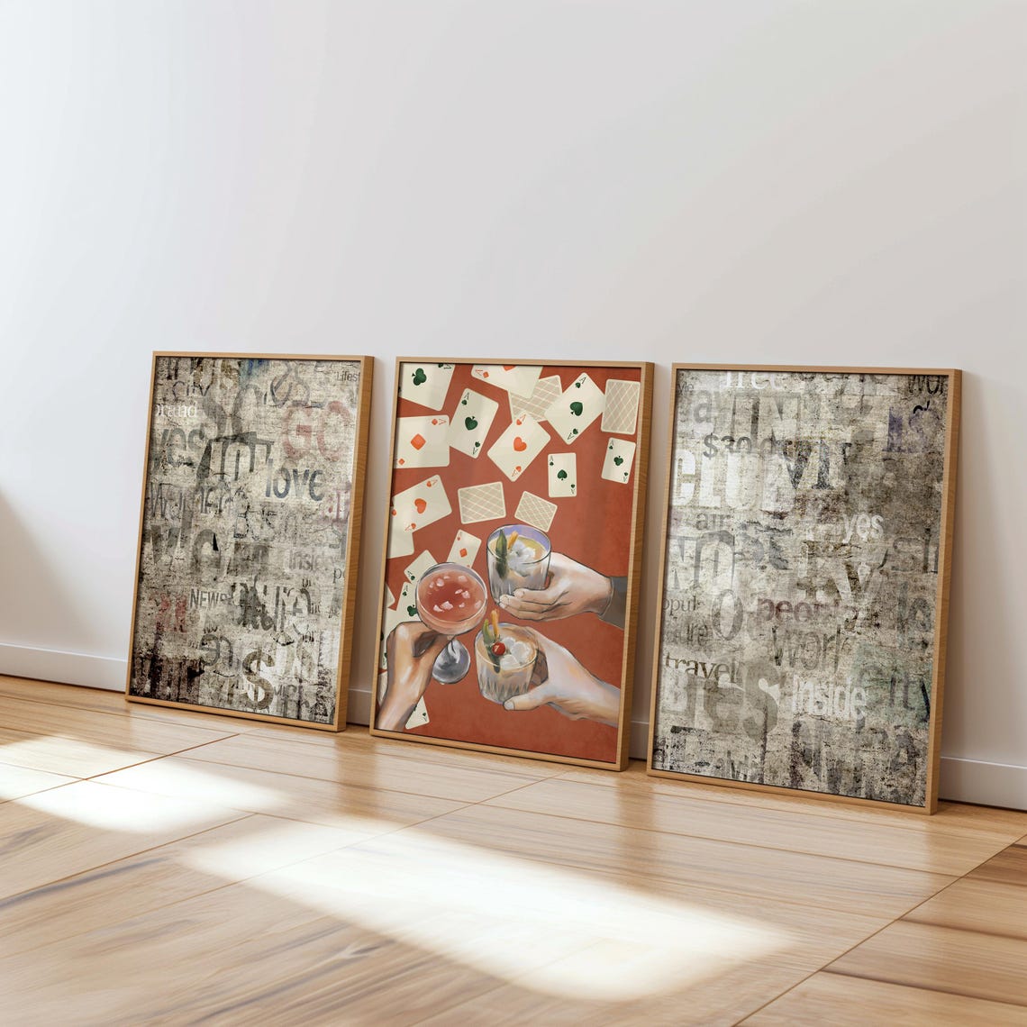 Vintage Playing Cards and Cocktail Party Wall Art Set of 3 Prints, Bar ...