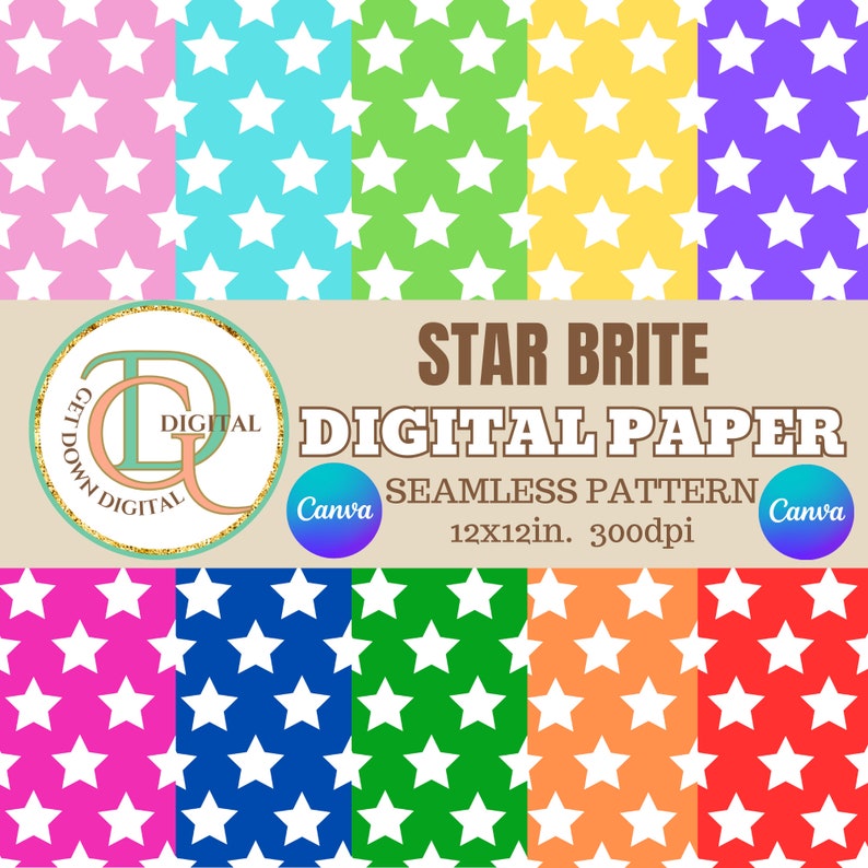 10pk Star Brite Seamless Digital Papers, Simple White Stars on ...