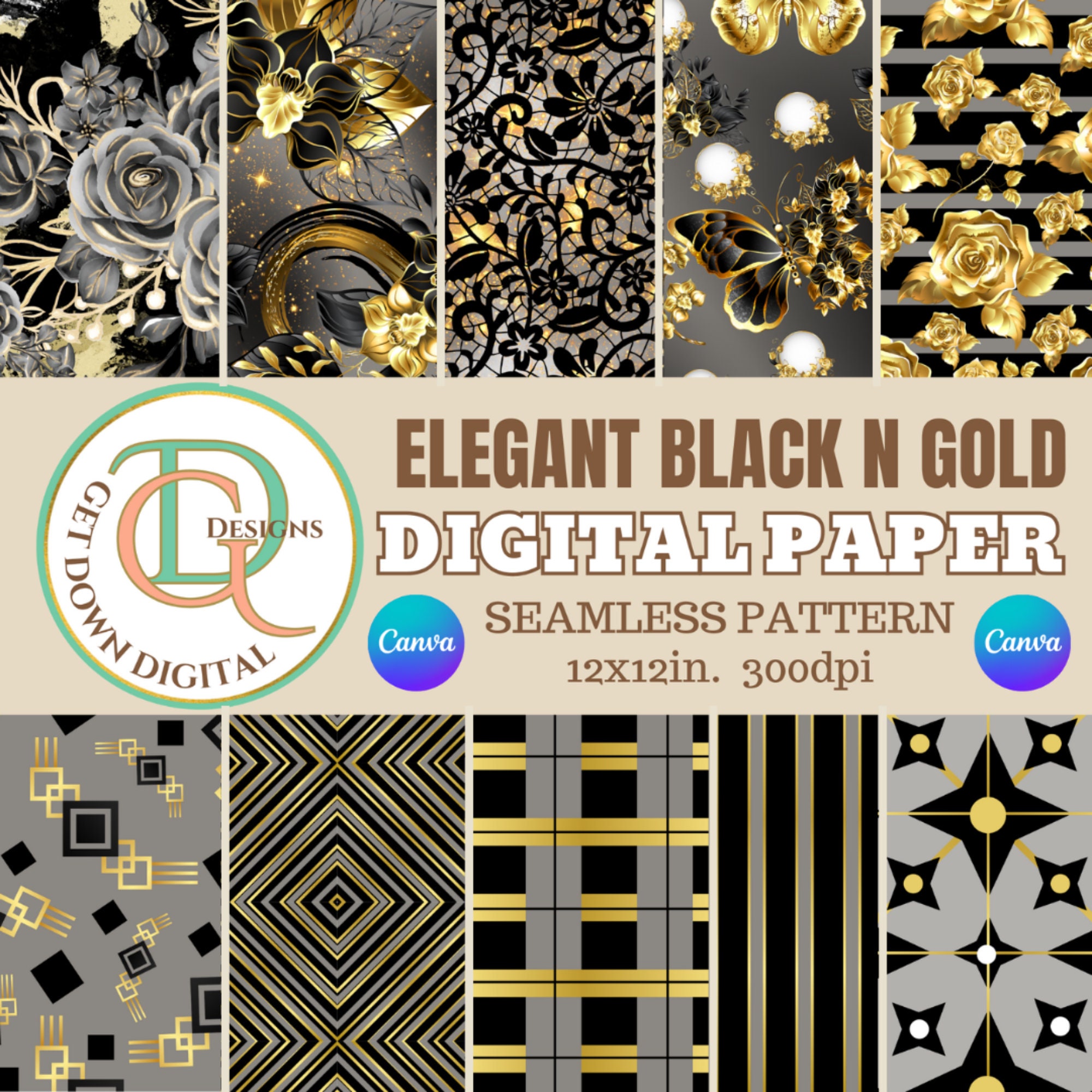 10pk Elegant Black N Gold Seamless Digital Papers, Beautiful, Elegant ...