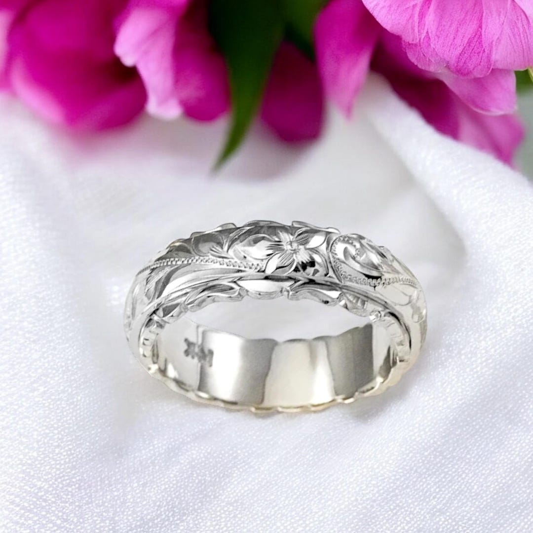 Hawaiian Heirloom Ring, Floral Scroll Band, Sterling Silver Plate, 14K ...