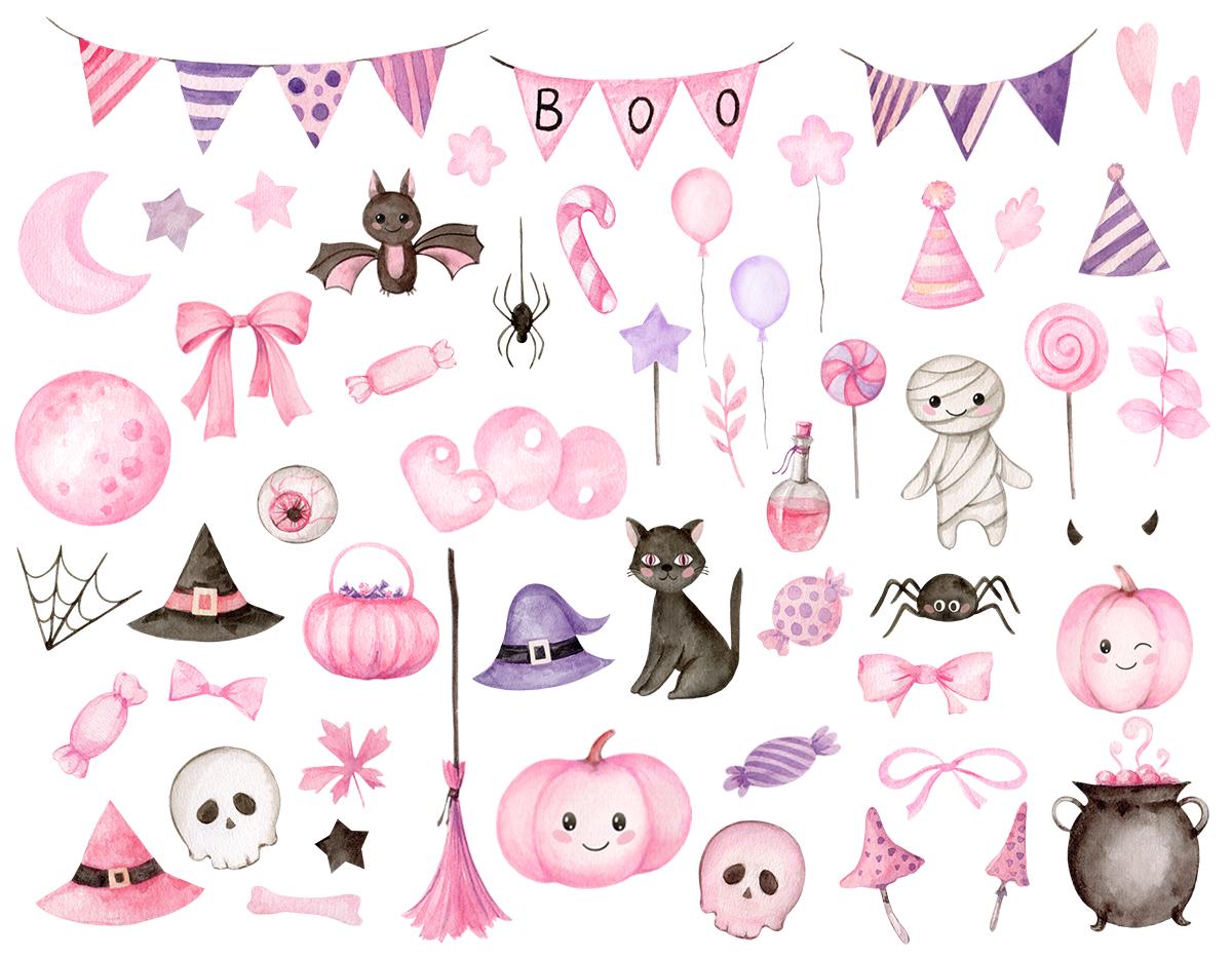 Pink Halloween Watercolor Clipart, Cute Halloween Clipart, Pink Pumpkin ...