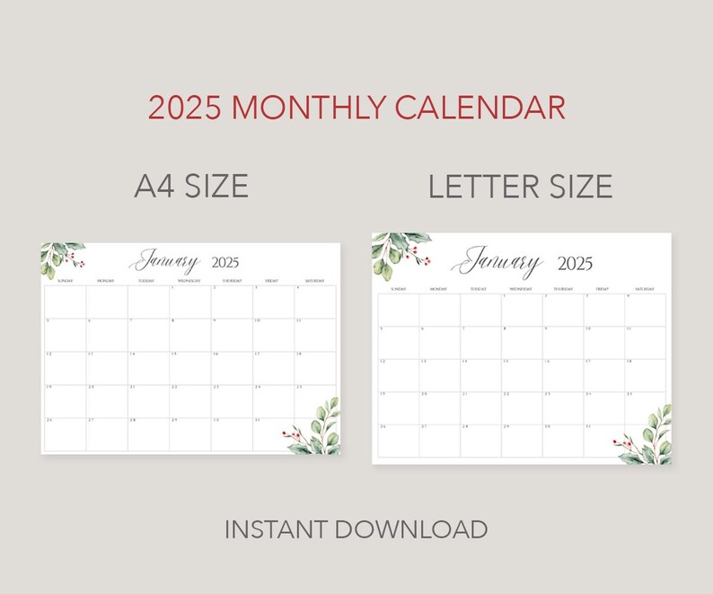 2025 Printable Calendar A4 Letter Size Wall Calendar Watercolor Floral ...