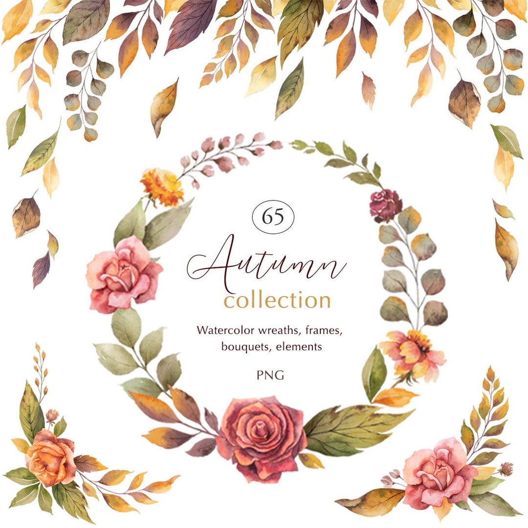 Elegant Rustic Fall Clipart Watercolor Autumn Designs Leaves & Wreaths ...
