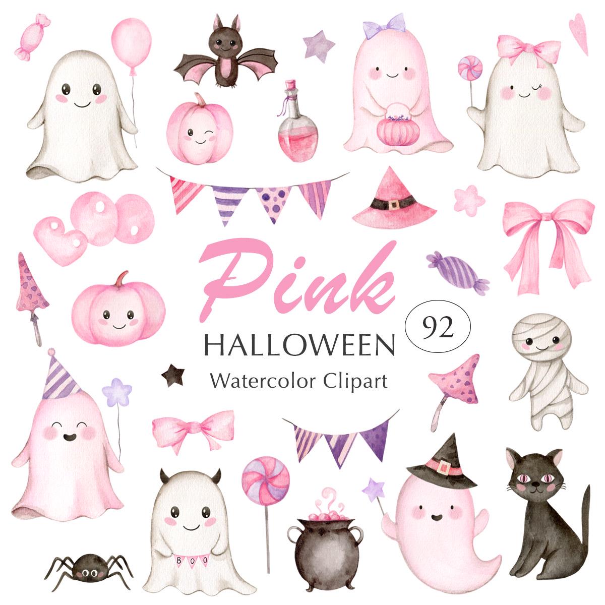 Pink Halloween Watercolor Clipart, Cute Halloween Clipart, Pink Pumpkin ...