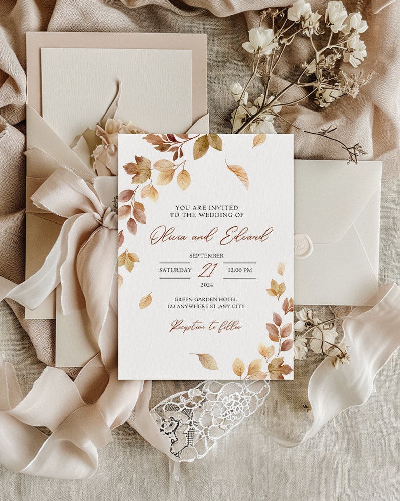 Rustic Autumn Wedding Invite With Neutral Tones, Floral Elegant Fall ...