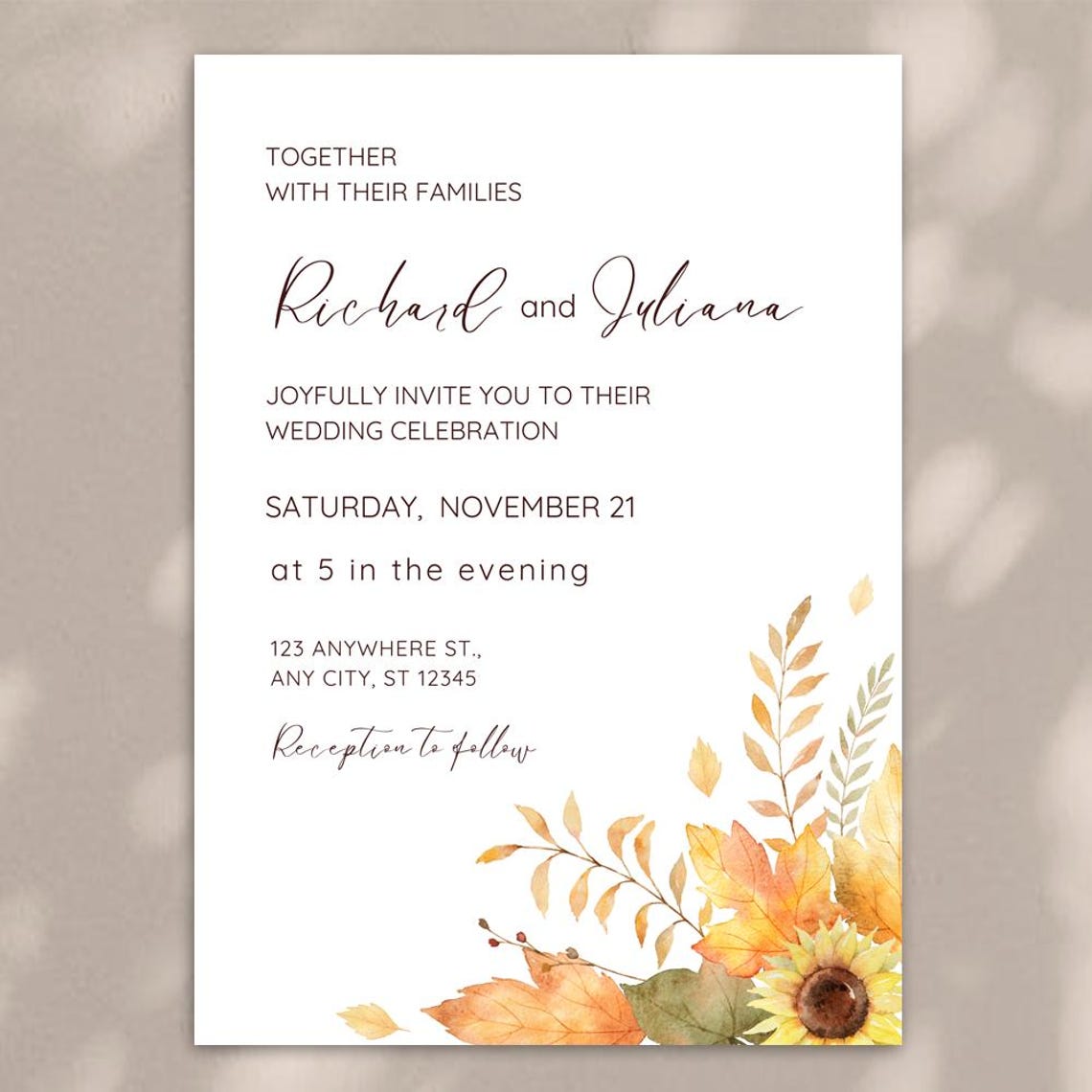 Rustic Sunflower Wedding Invitation Suite, Cozy Autumn Wedding ...