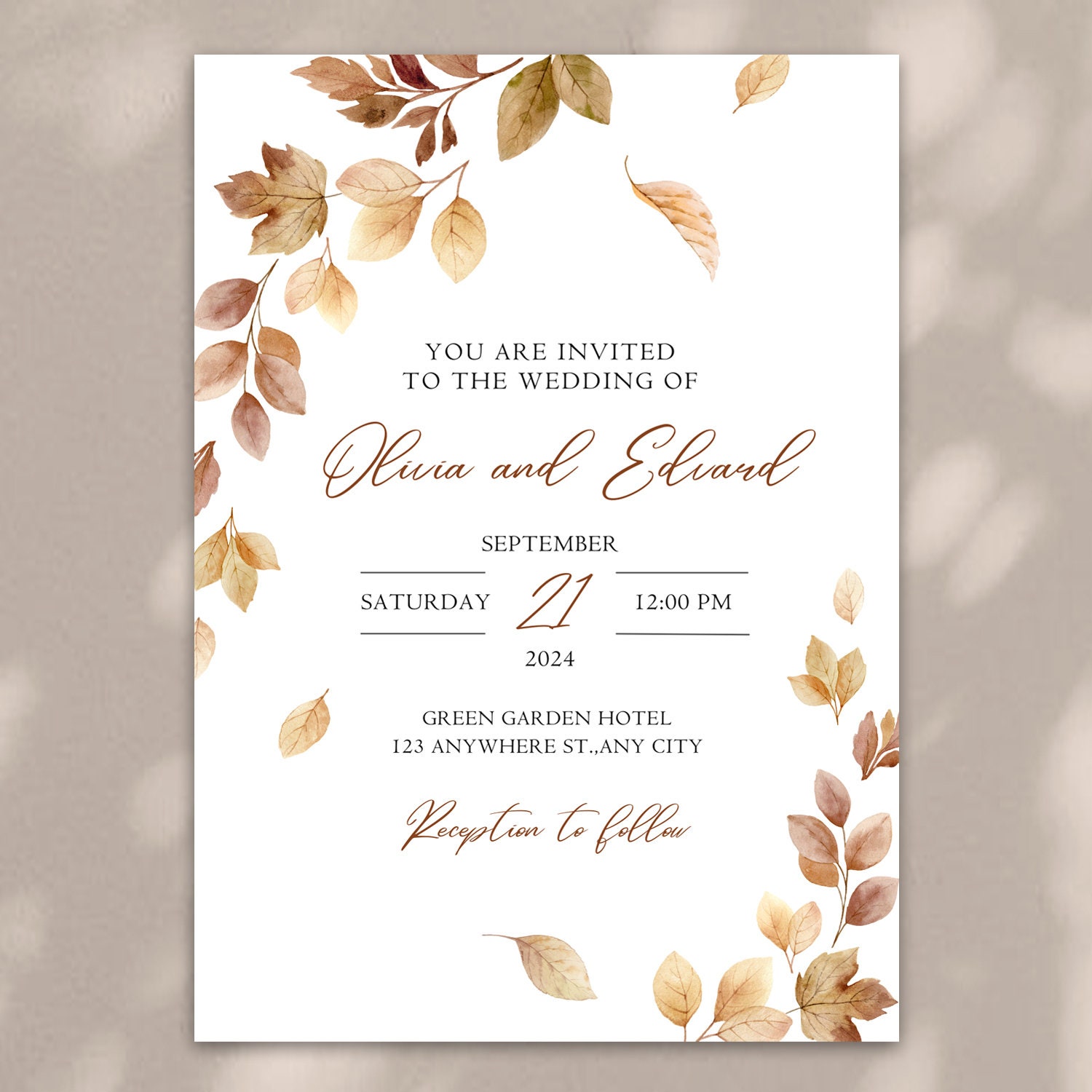 Rustic Autumn Wedding Invite With Neutral Tones, Floral Elegant Fall Foliage Invitation, Instant ...
