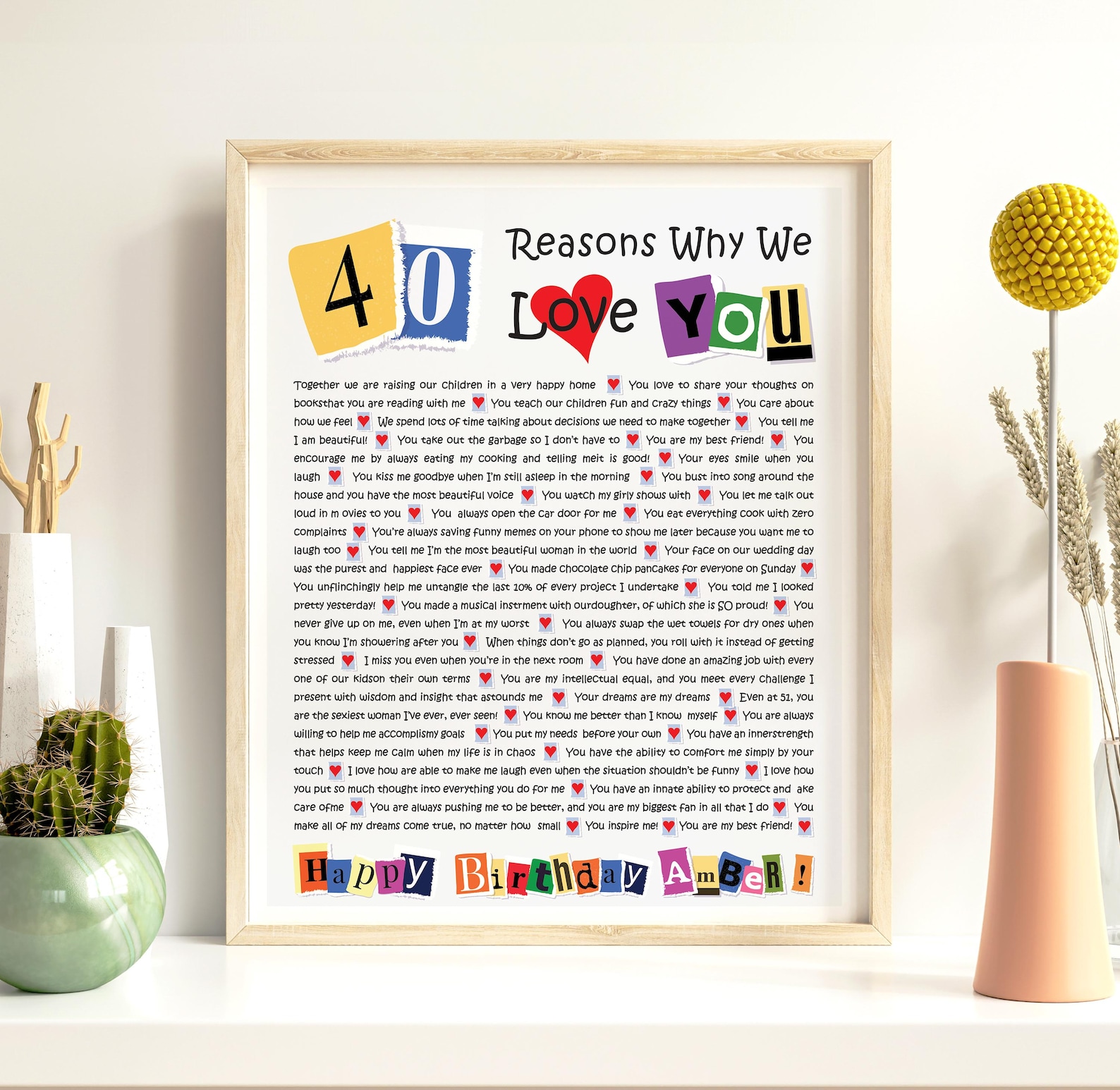 Personalized '40 Reasons We Love You' Birthday Poster: Custom Letter ...