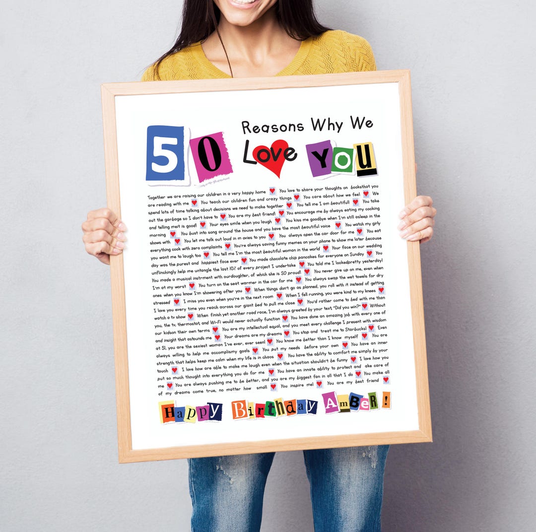 50 Reasons Why We Love You Birthday Poster, Fifty Things Collage We ...