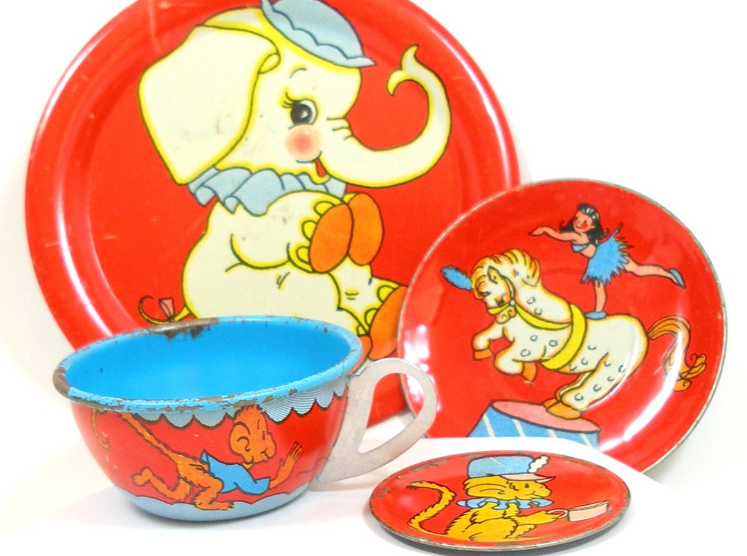1950's Tin Toy Tea Set With Circus Design by Ohio Art Co. 4 Pieces, Cup ...