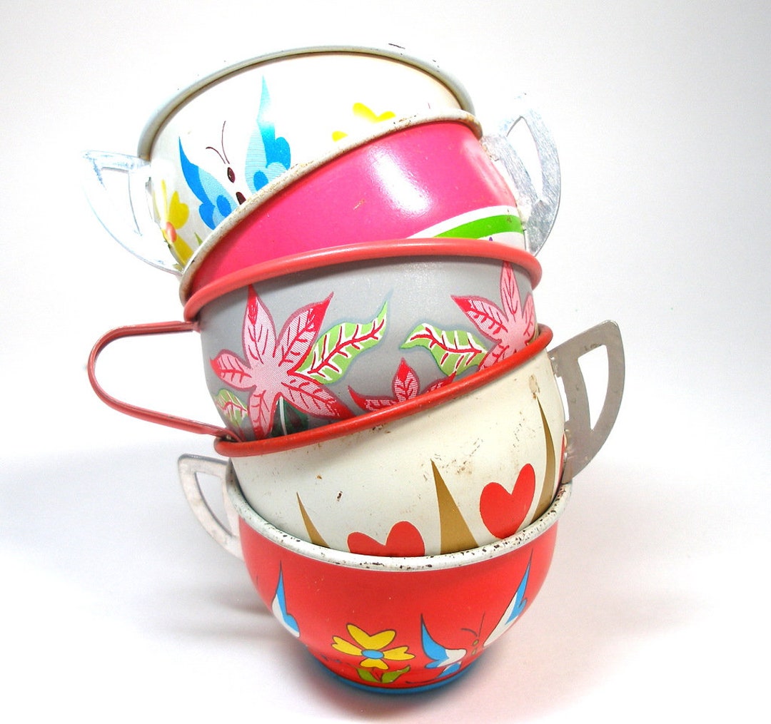 50s Tin Toy Tea Cups. Hearts, Flowers & BUTTERFLY Graphics on 5 Metal ...