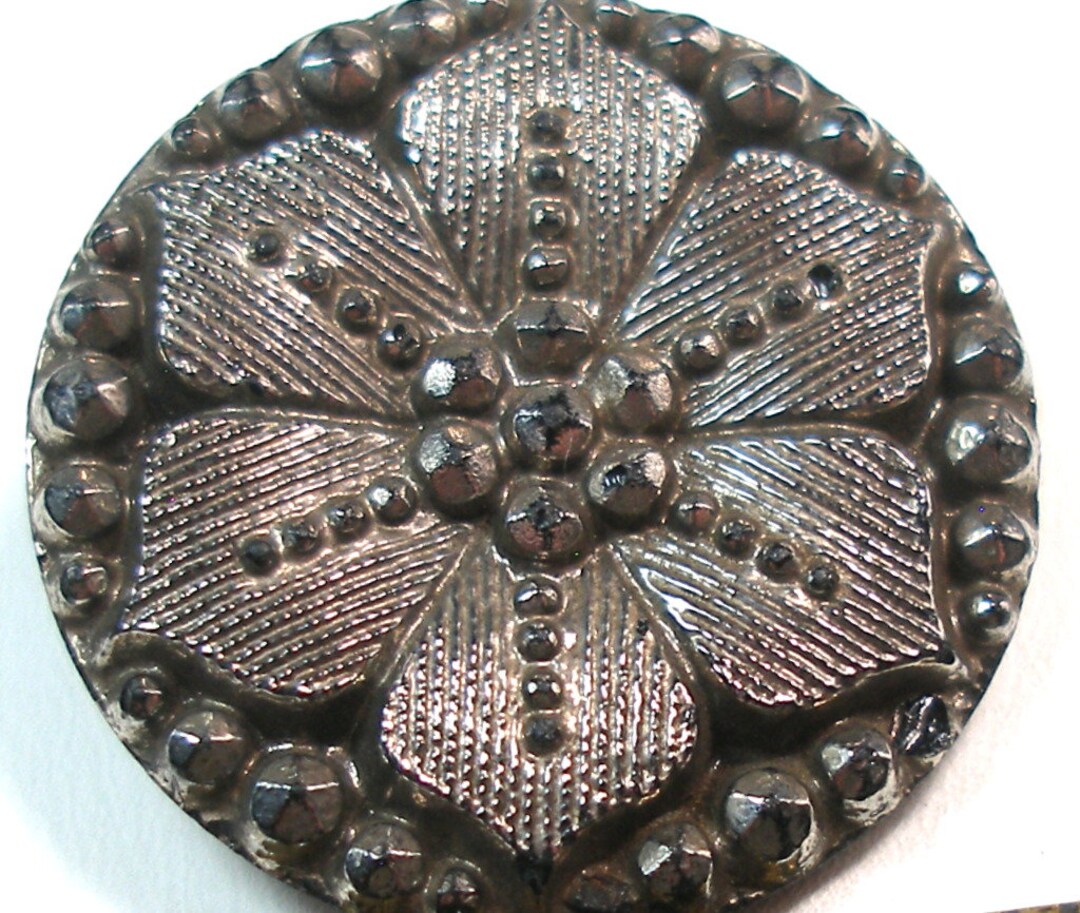Antique Floral BUTTON, 1800s Victorian Black Glass With Silver Luster ...