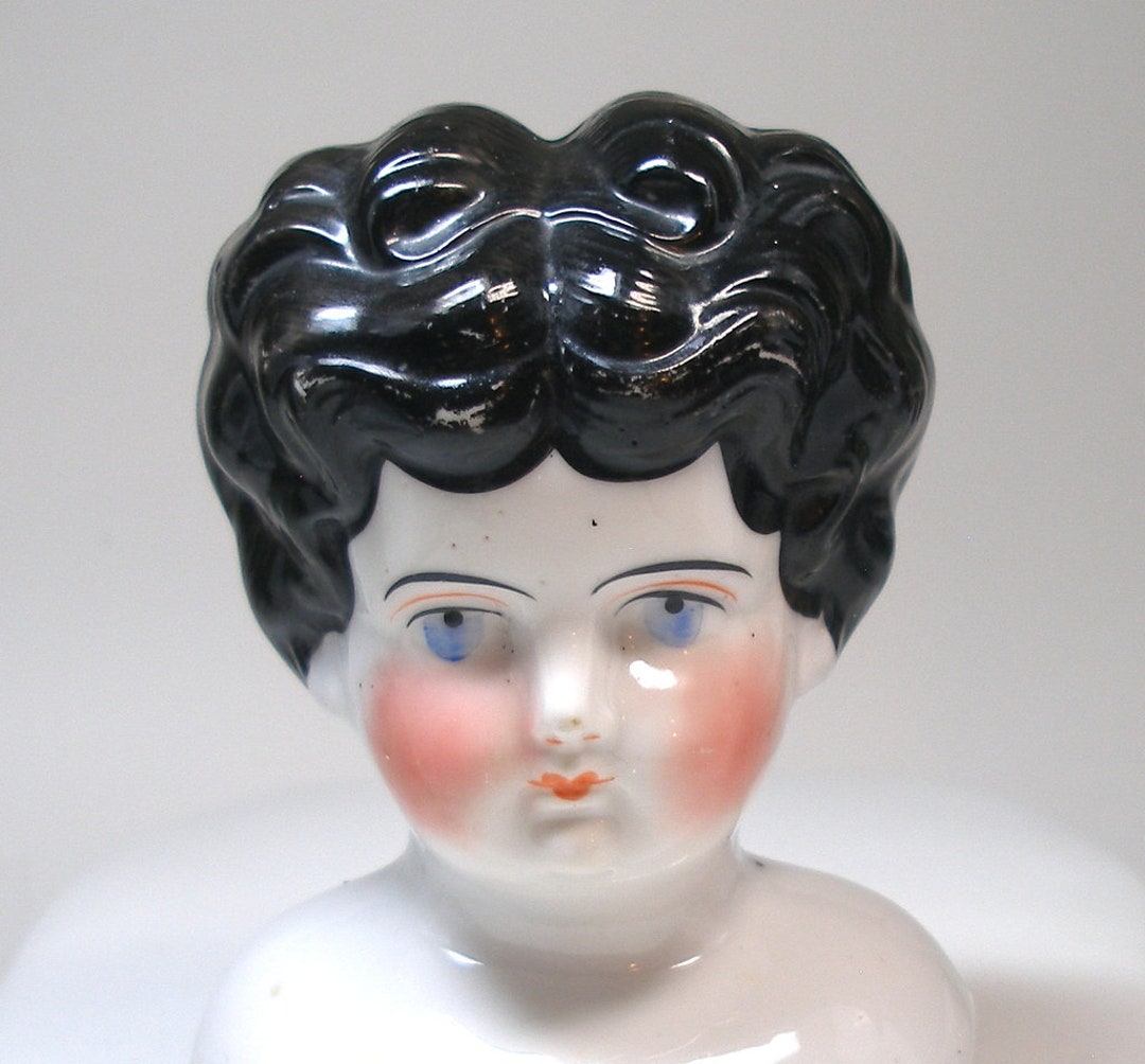 LG 4" 1800s Antique China Doll Head. German Lo Brow Hair With Blue Eyes ...