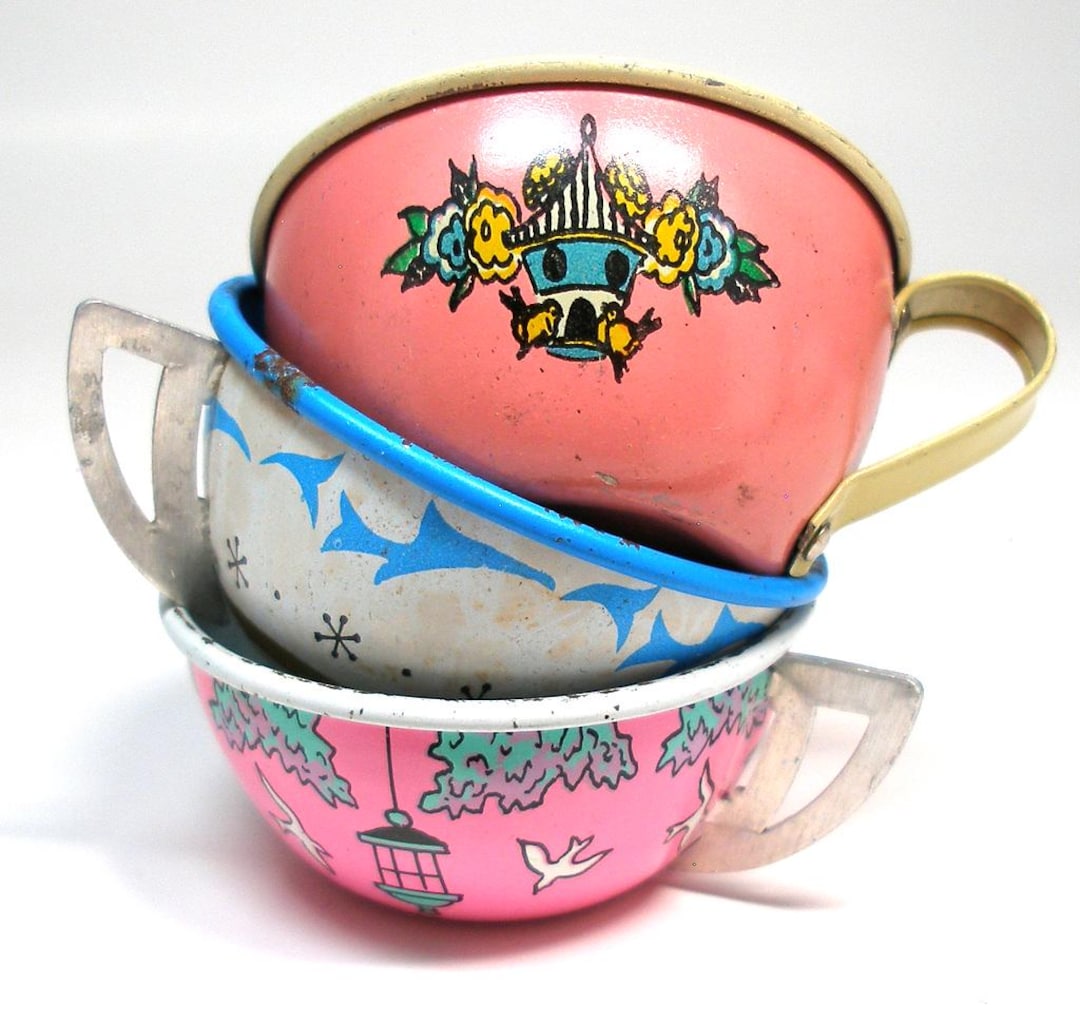 50s Tin Toy Tea Cups & Saucers. Birds and Flowers. Instant Collection ...