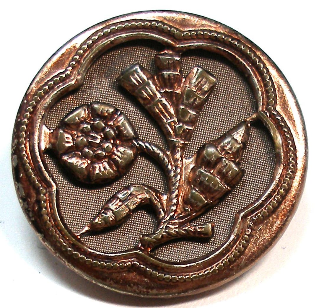 1800s Antique Floral Button. Victorian Flowers, 1". Plant Life. Copper ...