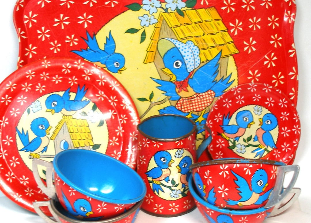 Bluebirds 1950's Tin Toy Tea Set. Ohio Art Co. 14 Pieces. Large Set. - Etsy