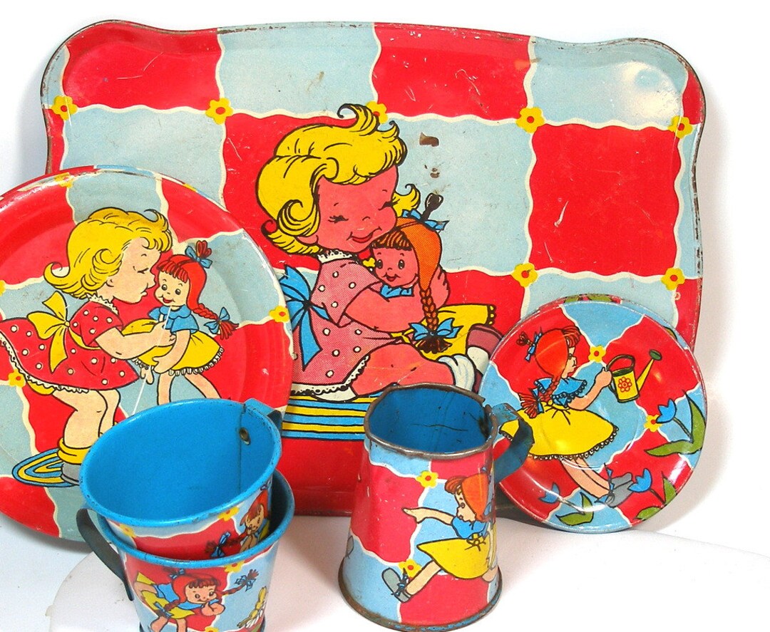 Girl With Doll Tin Toy Tea Set. 8 Pieces by Ohio Art Co. Made in USA ...
