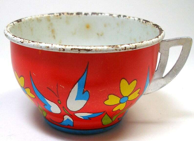 50s Tin Toy Tea Cups. Butterfly Leaf Flower & Heart Graphics - Etsy