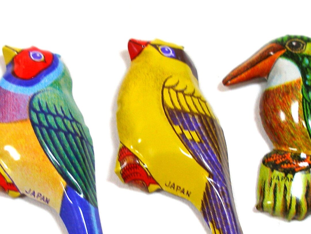 3 Tin Toy BIRD Brooches, 60's Metal Lithograph Costume Jewelry Made in ...
