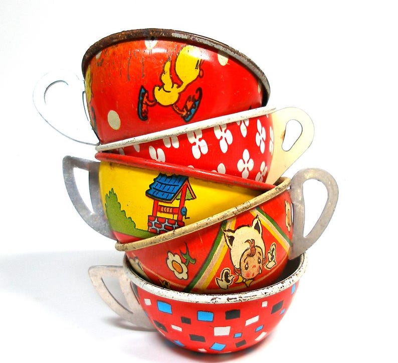 50s Tin Toy Tea Cups. Duck, Kittens, Confetti, Flowers. Instant ...