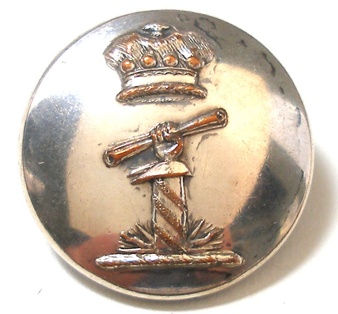 Antique Livery BUTTON. Arm With Scroll & Crown. Silver Plated Brass ...