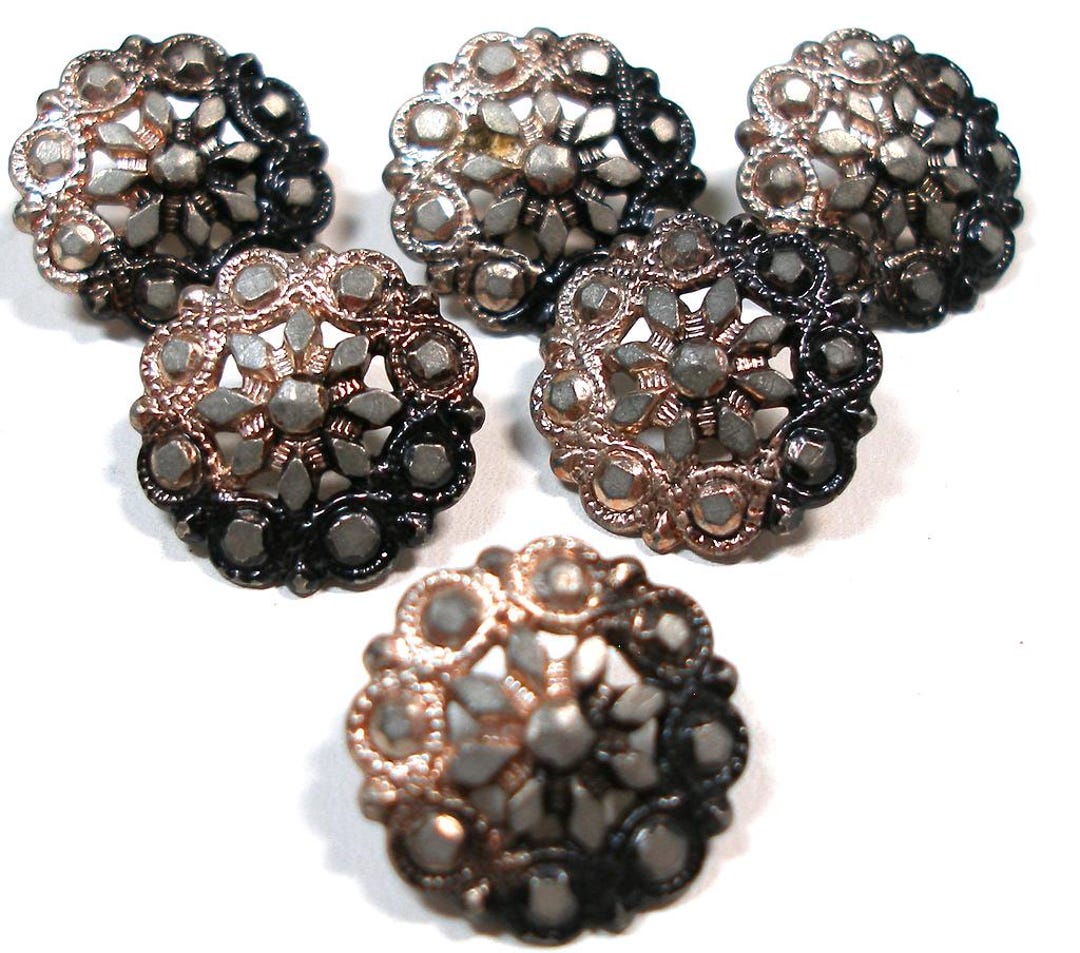 6 Antique French BUTTONS, Victorian Faux Steel, Pressed Pewter. Pink ...