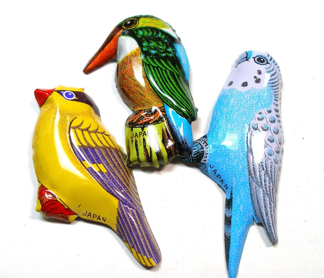 3 Tin Toy BIRD Pins, 1960s Japanese Costume Jewelry With Kingfisher ...
