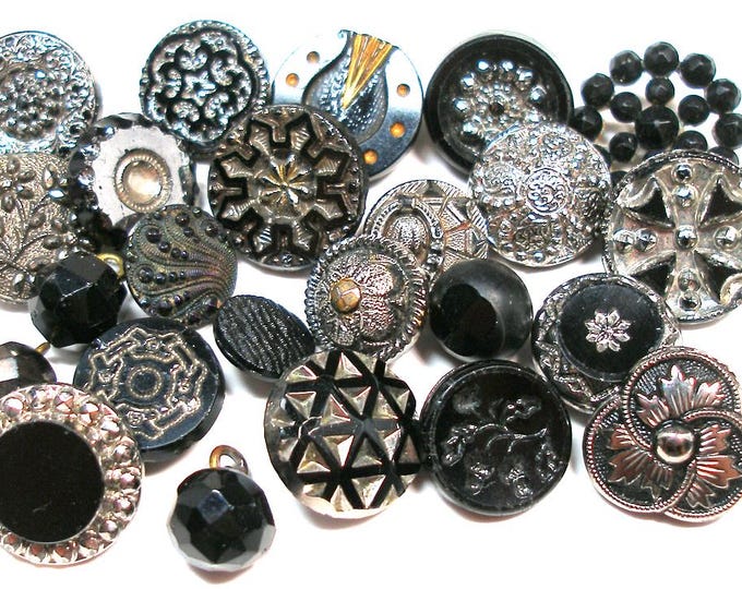 24 Victorian Black Glass Buttons. 19th Century Glass With Silver Luster ...