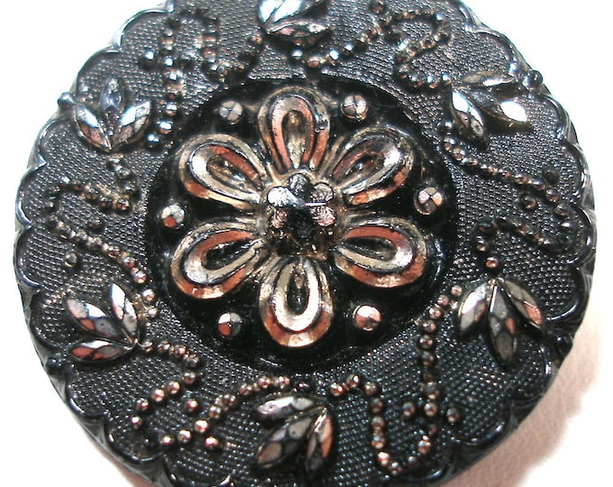 Antique Floral BUTTON, 1800s Victorian Black Glass With Silver Luster ...