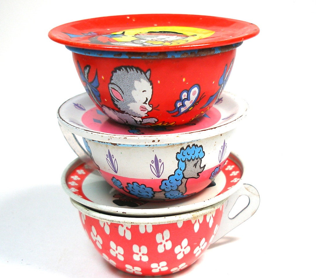 50s Tin Toy Tea Cups & Saucers. Poodles, Kittens, Raggedy Ann. Instant ...