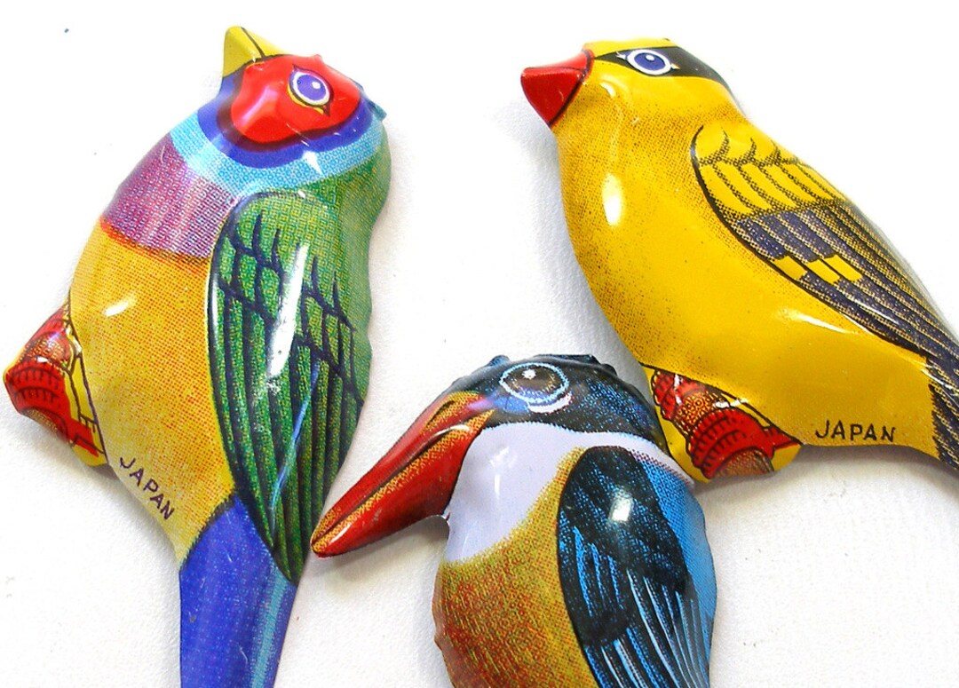 60s Tin Toy BIRD Pins, 3 Colorful Japanese Costume Jewelry With Canary ...