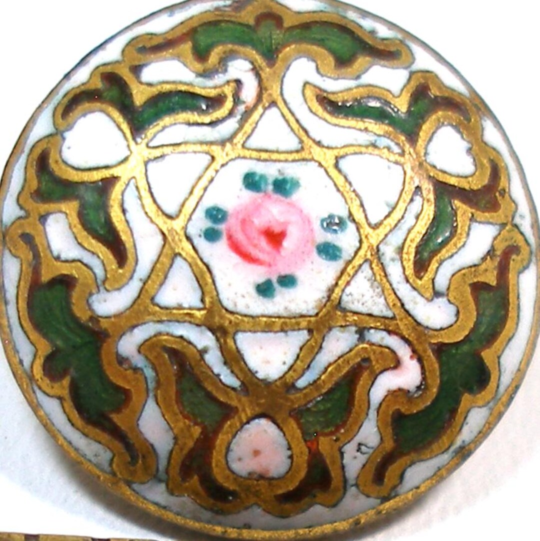 1900s Antique Enamel Button, Green & White Cloisonne With Rose, 1/2 ...
