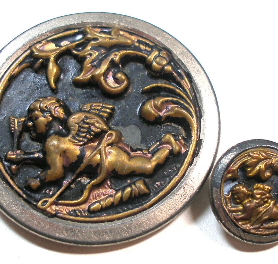 2 Antique CUPID Buttons. Antique Victorian Eros, Cherub, 1.5 Inches, 9/ ...