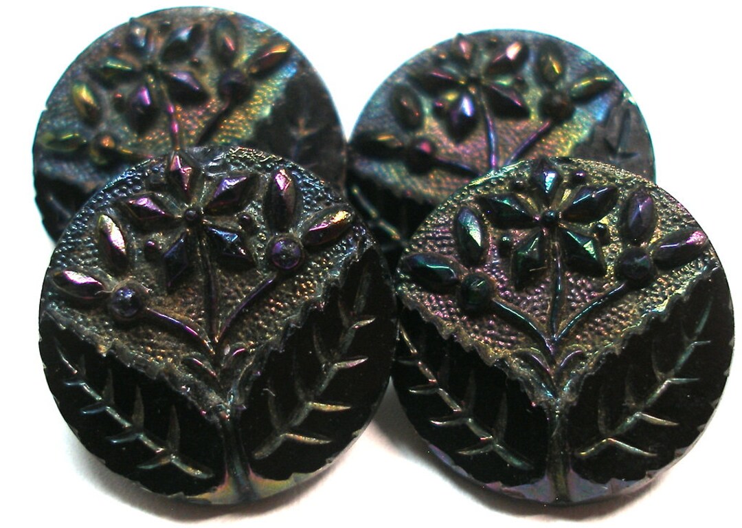 1800s Antique Floral Buttons With Iridescent Luster. Victorian Black ...