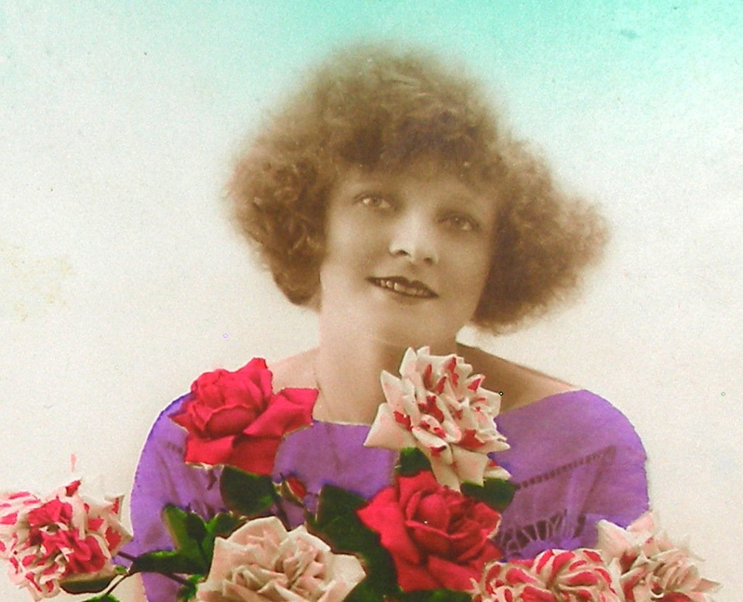 1920s French Postcard. Lady With Roses. RPPC Real Photo, Paper Ephemera ...