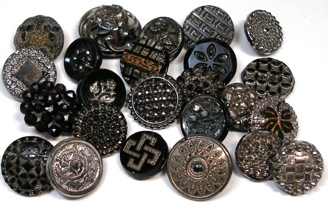 24 Victorian Black Glass Buttons. 19th Century Glass With Silver Luster ...