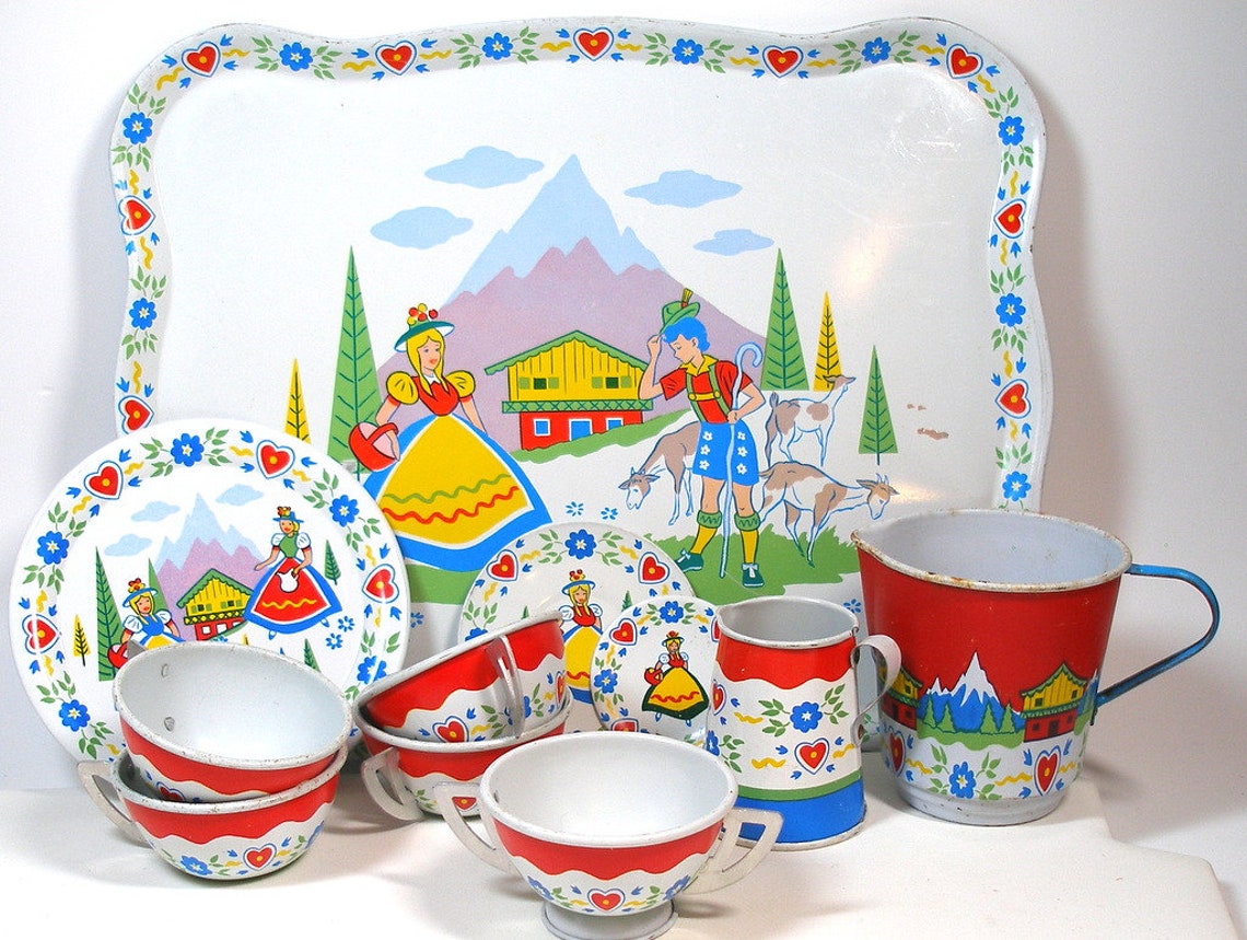 20 Piece Tin Toy Tea Set Litho by Ohio Art Co. Swiss Miss With - Etsy