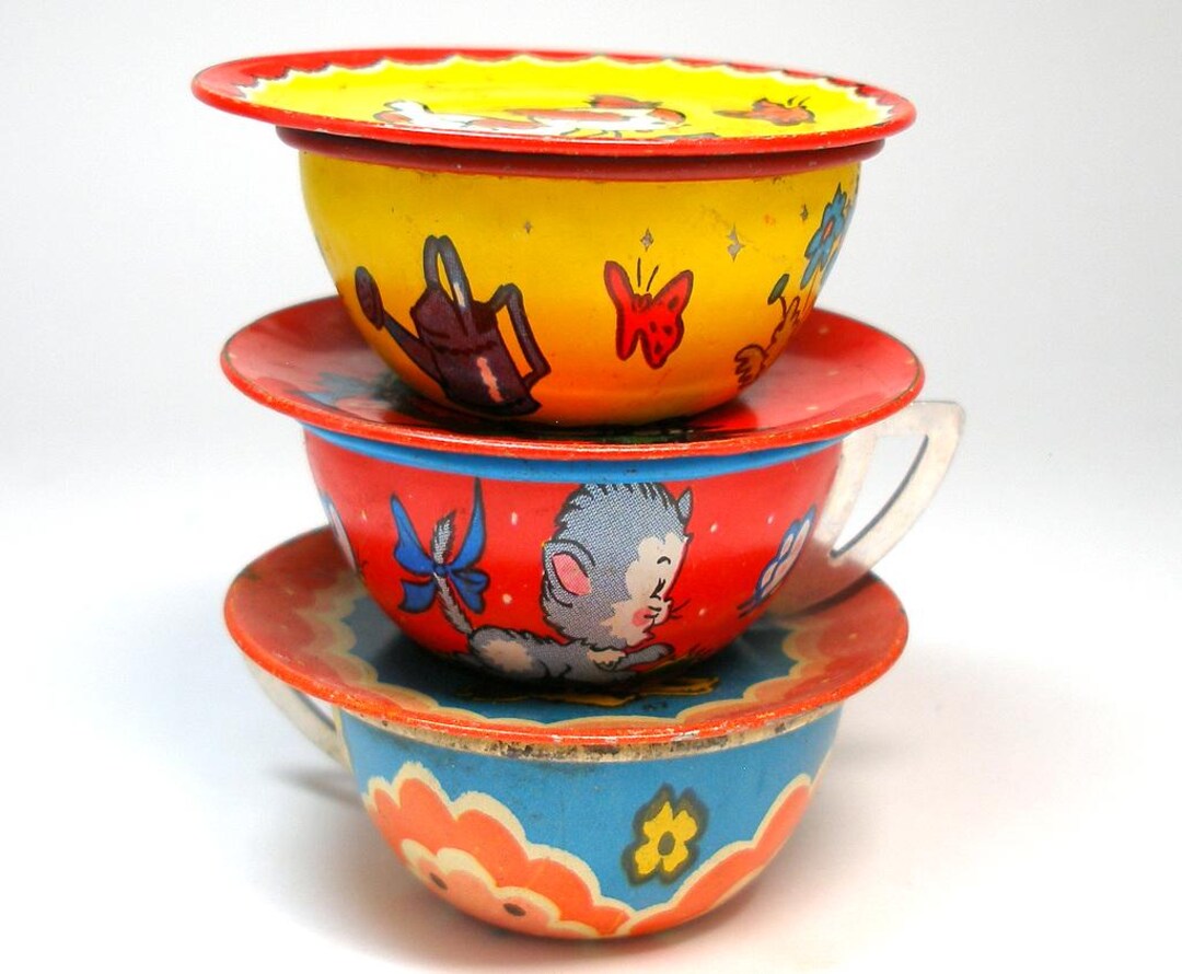 50s Tin Toy Tea Cups & Saucers. Puppies, Kittens. Instant Collection ...