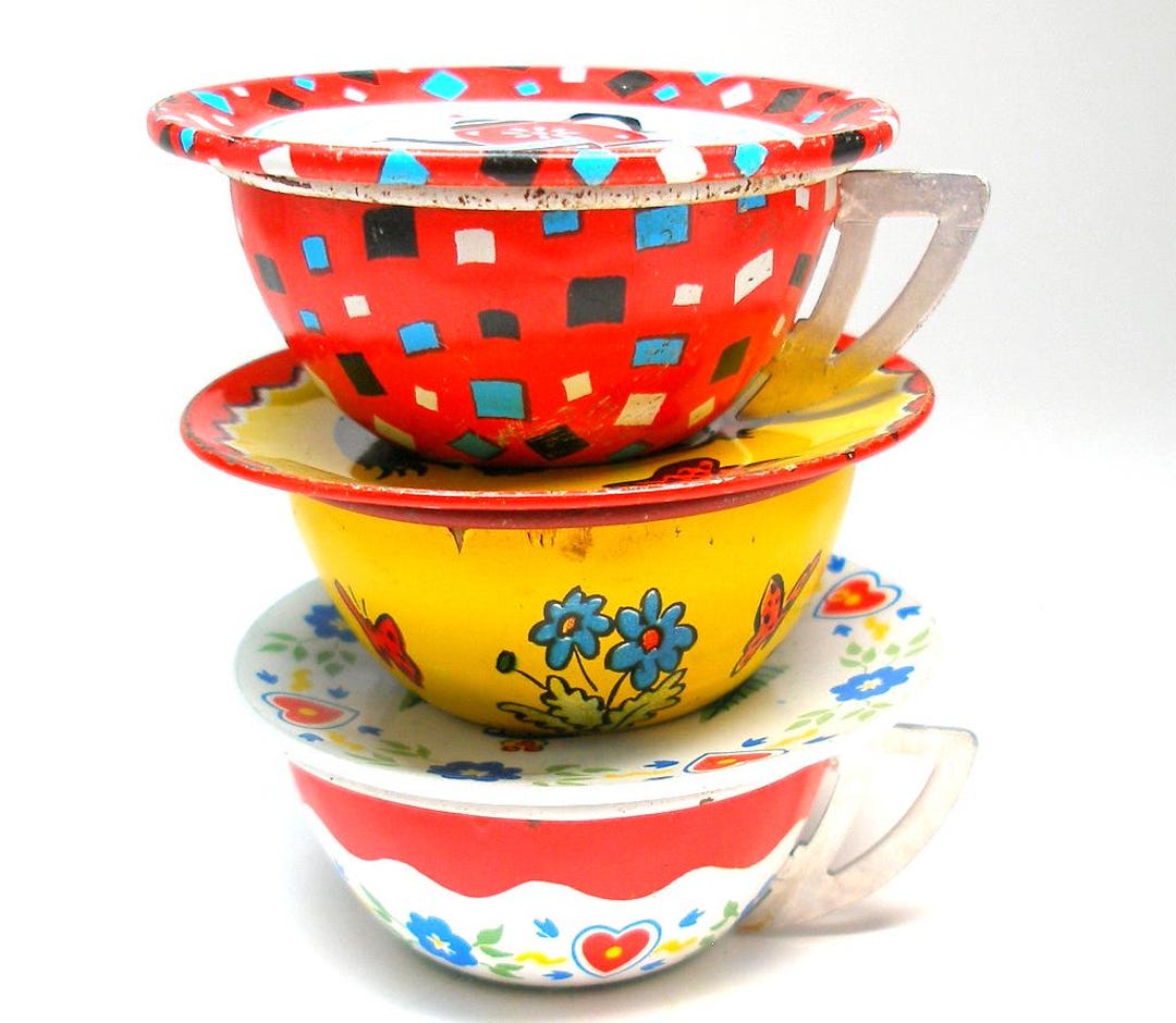 50s Tin Toy Tea Cups & Saucers. Flowers, Puppy, Confetti. Instant ...