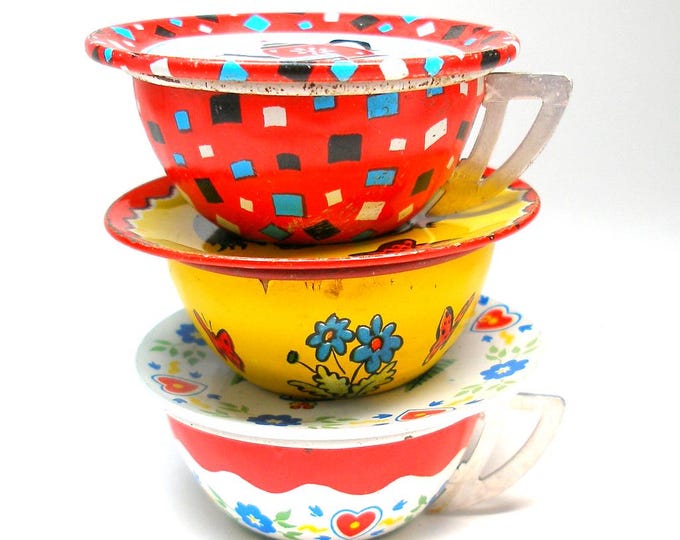 50s Tin Toy Tea Cups & Saucers. Flowers, Puppy, Confetti. Instant ...