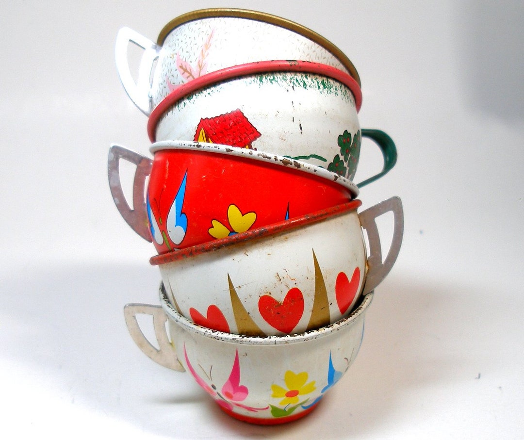 50s Tin Toy Tea Cups, Heart & Butterfly Graphics on 5 Metal Cups ...