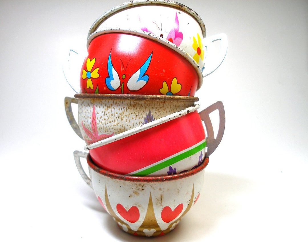 50s Tin Toy Tea Cups. Butterfly, Leaf, Flower & Heart Graphics on 5 ...
