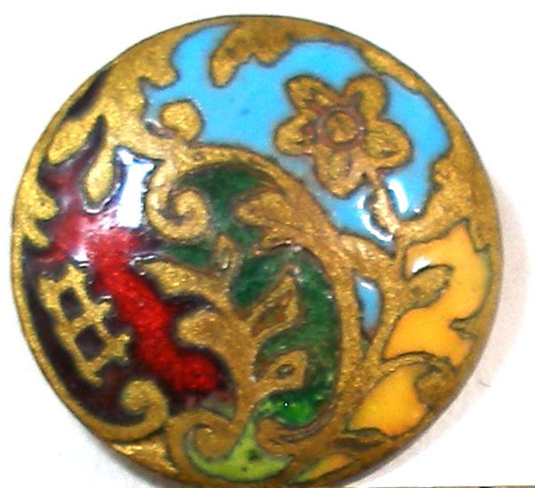 1900s Antique French Enamel Button, Multi-colored With Flowers, 1/2 ...
