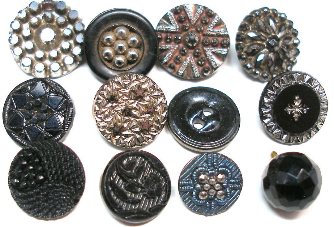 12 Victorian Black Glass Buttons. Antique 19th Century Glass With ...