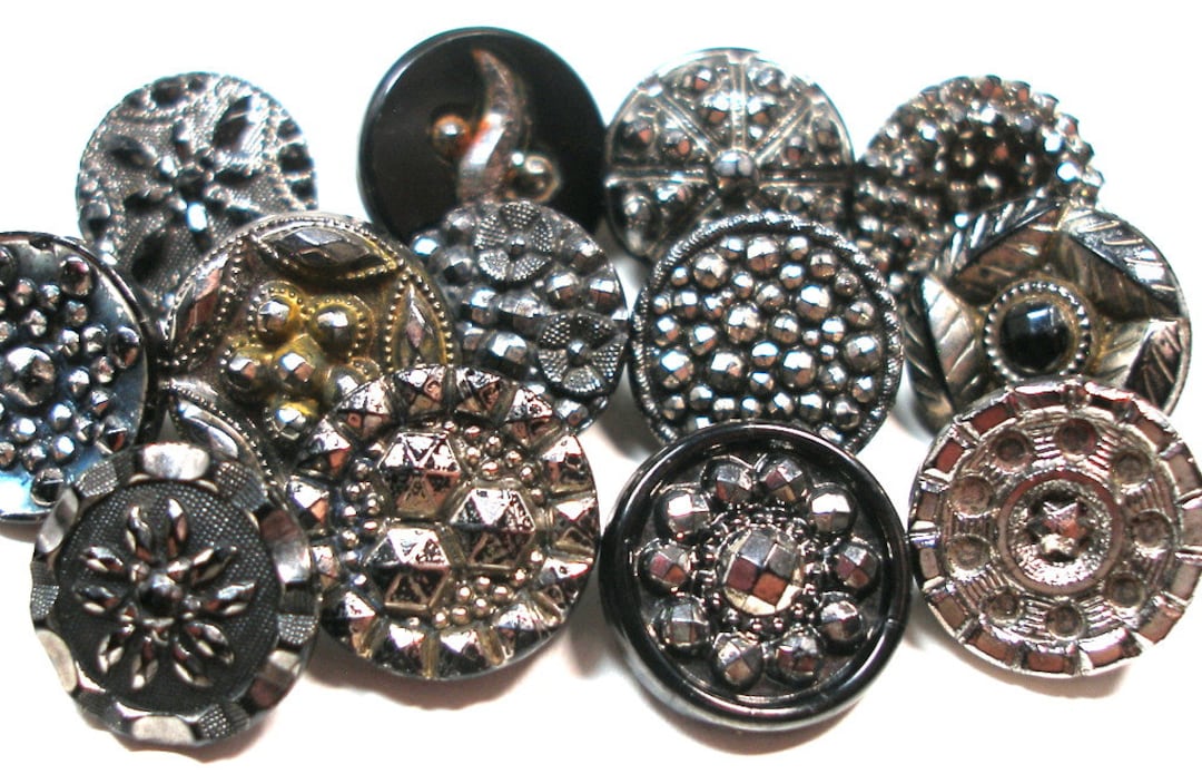 13 Victorian Black Glass Buttons. Antique 19th Century Glass With ...